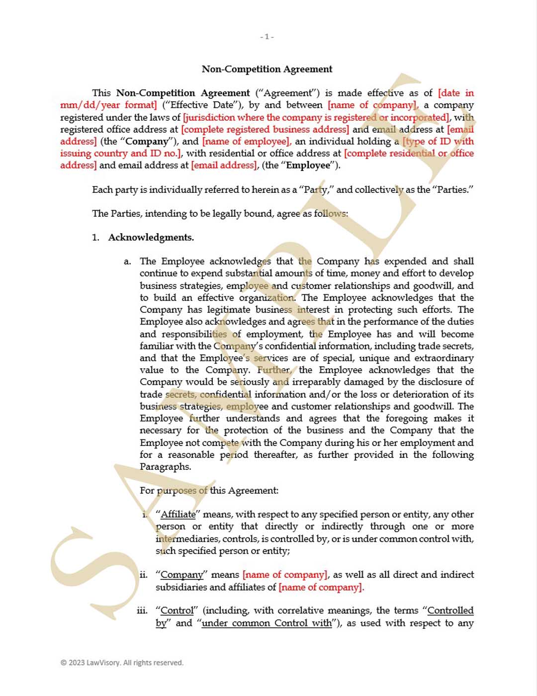 Non-Competition Agreement – Lawvisory Legal Templates